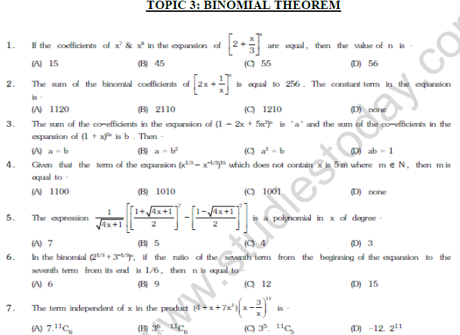 JEE Mathematics Binomial Theorem MCQs Set B with Answers
